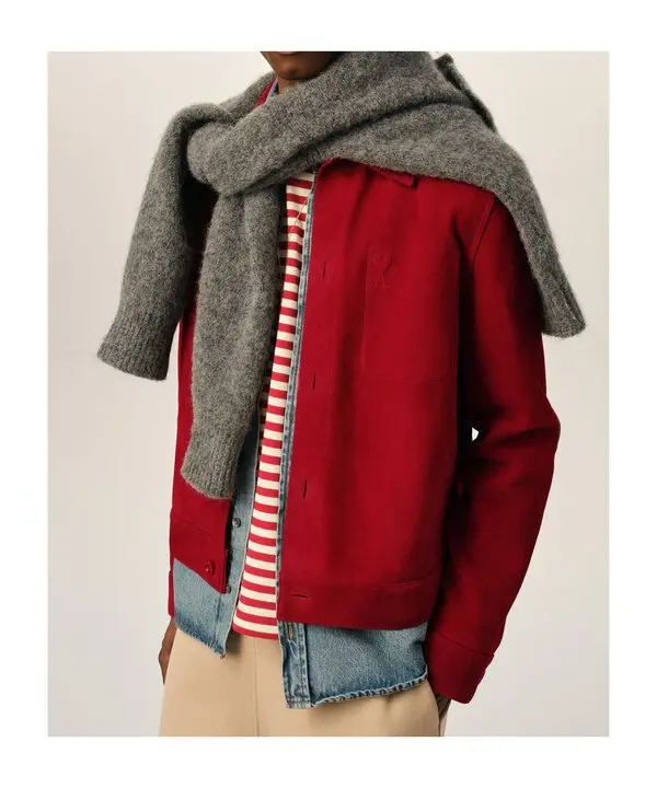 AMI Paris Red Suede Leather Jacket With Embossed De Coeur