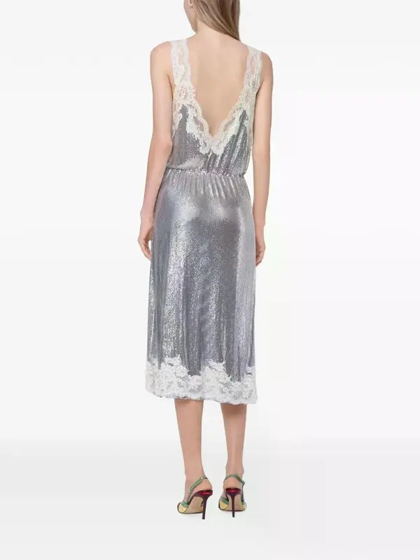 Rabanne Hand-assembled Midi Dress In Mesh And Ivory Lace - Silver