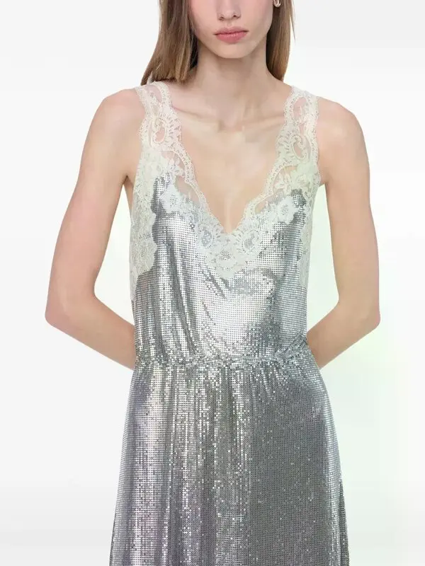 Rabanne Hand-assembled Midi Dress In Mesh And Ivory Lace