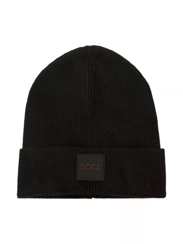 BOSS Logo-patch Ribbed-knit Beanie Hat - Black