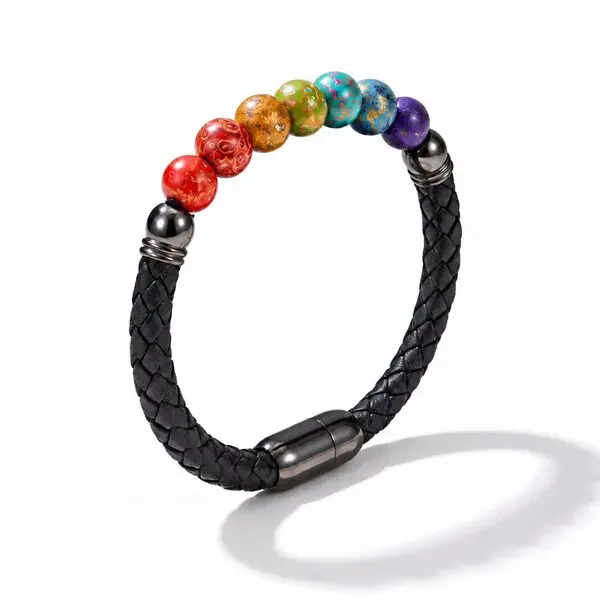 YIEON Rainbow Lacquered Red Sandalwood Bead & Leather Bracelet - Black/red