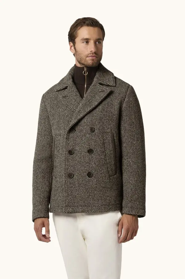 Paul & Shark Chevron Wool Peacoat With Alcantara Details - Blue