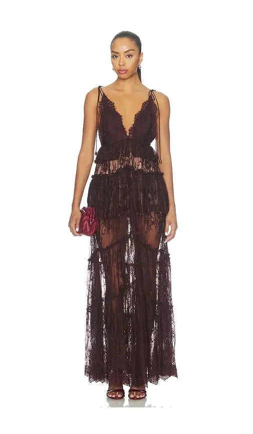 Rococo Sand Lace Frill Maxi Dress In Burgundy