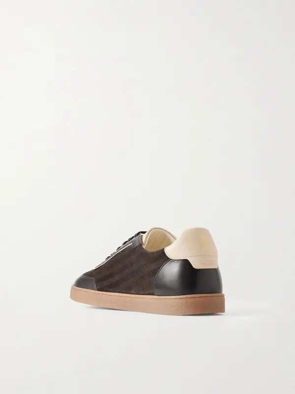 Brunello Cucinelli Leather-trimmed Waxed Herringbone-printed Suede Sneakers