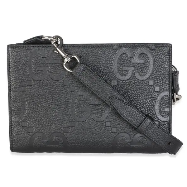 Gucci Monogram Jumbo Gg Textured Dollar Calfskin Wristlet Messenger Bag - Black