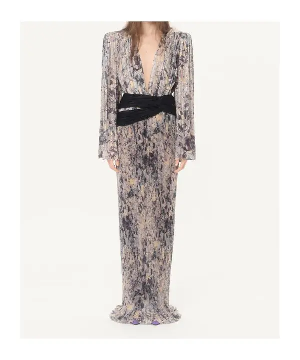 Valentino Garavani Long Dress In Pekin Lurex Urbs Mosaïque With Pleats