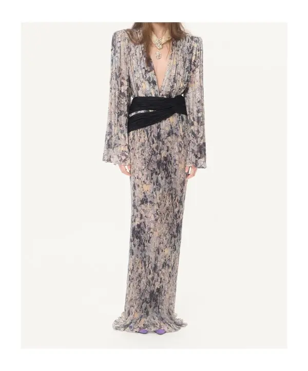 Valentino Garavani Long Dress In Pekin Lurex Urbs Mosaïque With Pleats