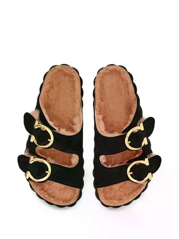 FERRAGAMO Gancini Buckle Shearling Flat Sandals - Black