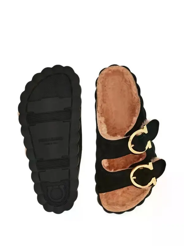 FERRAGAMO Gancini Buckle Shearling Flat Sandals