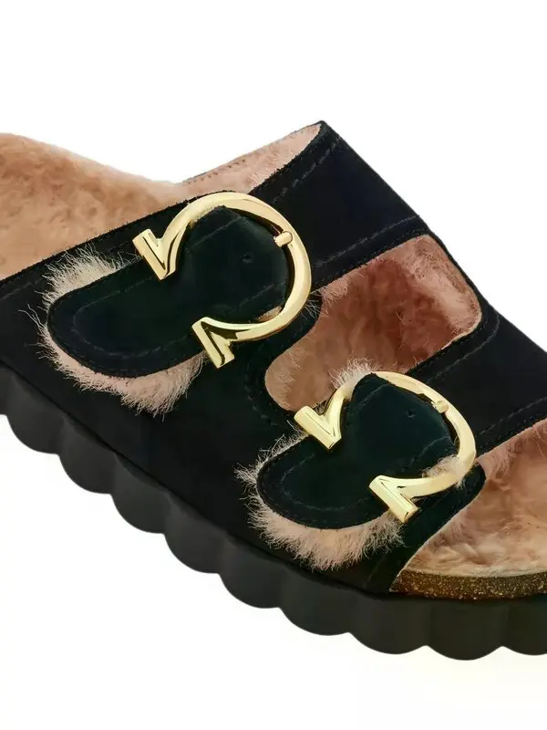 FERRAGAMO Gancini Buckle Shearling Flat Sandals