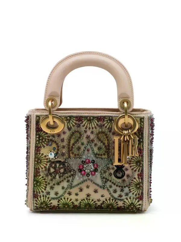 Dior 2017 Mini Calfskin Beaded And Embroidered Lady Satchel - Brown