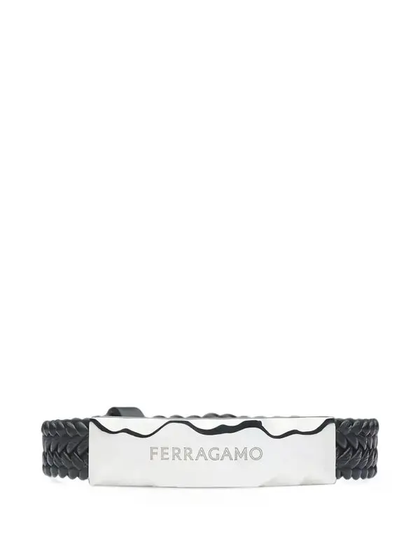 FERRAGAMO Braided Leather Brass Bracelet - Silver