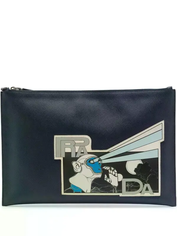 Prada 2013-2026 Saffiano Monkey Robot Clutch Bag - Blue