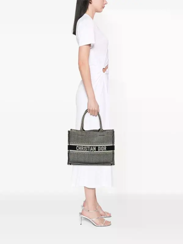 Dior 2019 Medium Embroidered Canvas Houndstooth Book Tote Bag - Black