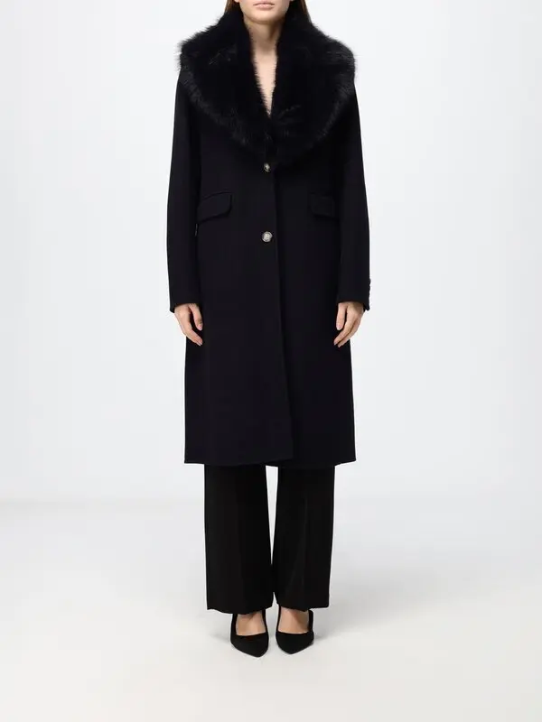HANITA Single-breasted Long Wool Blend Coat With Fur Collar - Navy