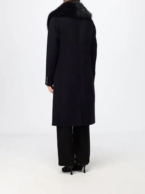 HANITA Single-breasted Long Wool Blend Coat With Fur Collar - Navy