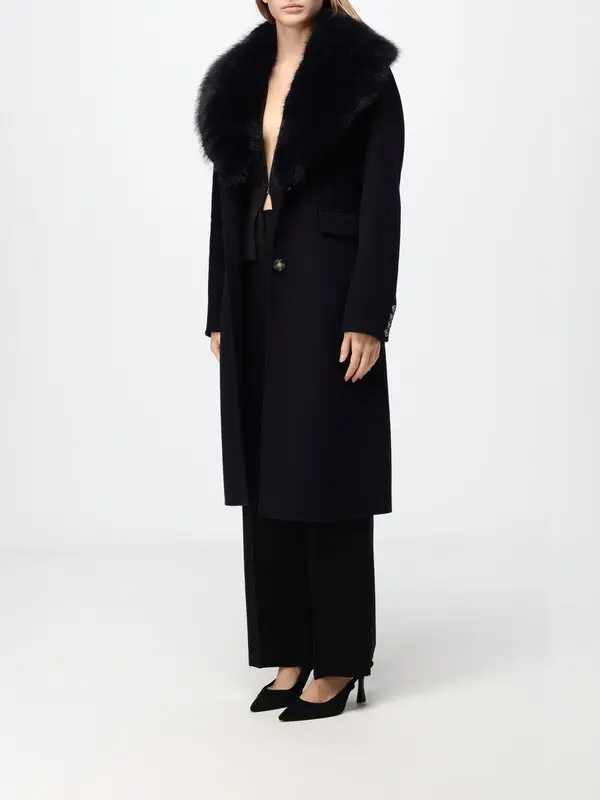 HANITA Single-breasted Long Wool Blend Coat With Fur Collar - Navy