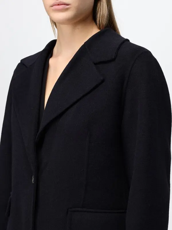 HANITA Single-breasted Long Wool Blend Coat With Fur Collar - Navy