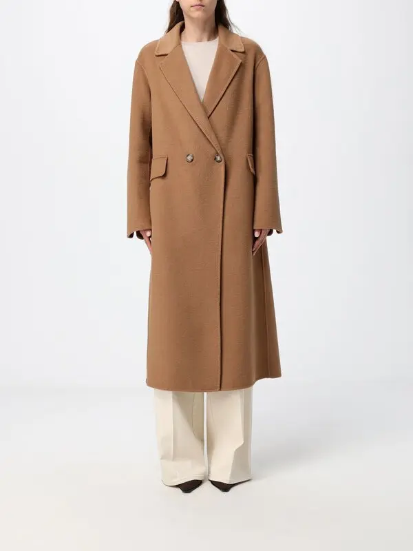 HANITA Double-breasted Long Wool Blend Coat With Peak Lapels - Camel