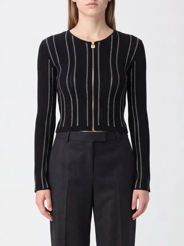 Elisabetta Franchi Striped Slim Fit Cardigan With Crew Neck And Zip Closure - Black