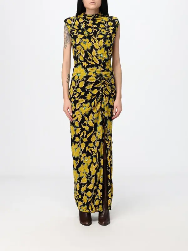 Diane Von Furstenberg Floral Print Long Sheath Dress With Ruched Waist And Front Slit