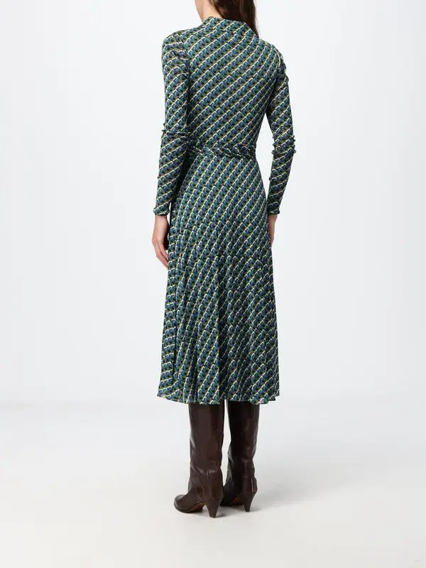 Diane Von Furstenberg Geometric Print Midi Wrap Shirt Dress With Long Sleeves