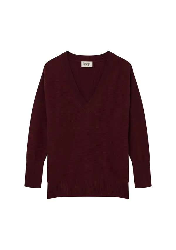 LOOP CASHMERE Relaxed Lofty V Neck Sweater In Bordeaux Burgundy - Red