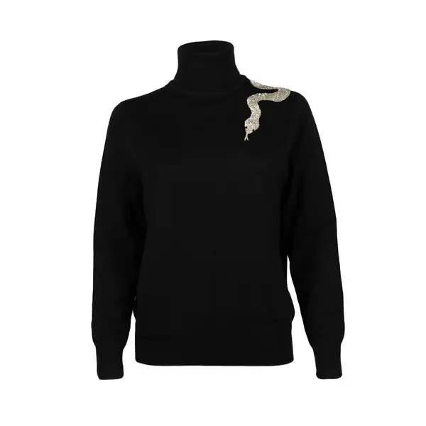 LAINES LONDON Laines Couture Embellished Silver Shoulder Snake Knitted Roll Neck Jumper Black - Black/silver