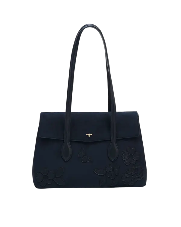 FABLE ENGLAND Romilly Floral Applique Faux Suede Shoulder Bag In Navy - Blue