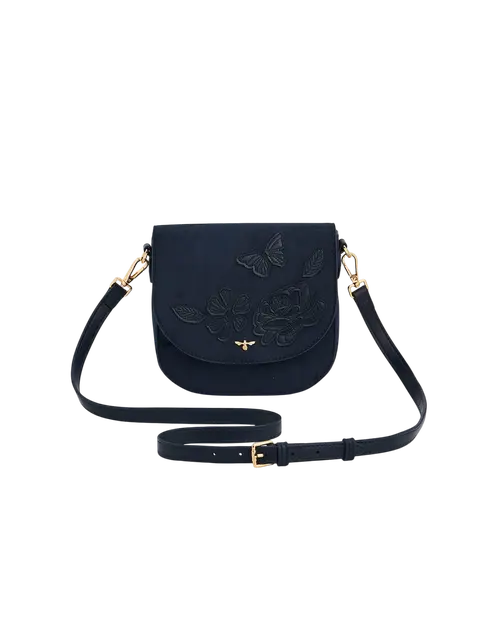 FABLE ENGLAND Beth Floral Applique Faux Suede Saddle Purse