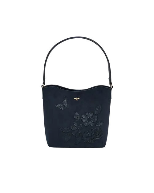 FABLE ENGLAND Margot Floral Applique Faux Suede Bucket Purse - Navy