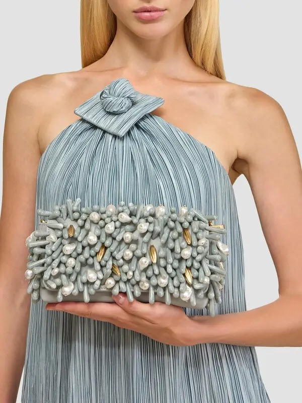 Cult Gaia Perla Beaded Leather Clutch - Celadon Multi