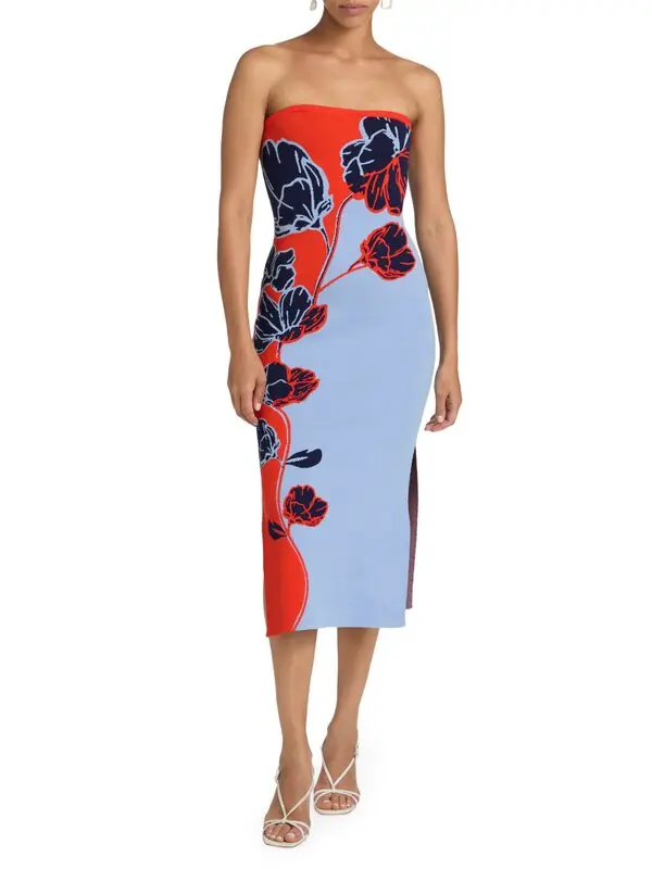MILLY Simone Floral Knit Strapless Midi-dress
