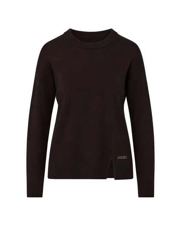 Liu Jo Ribbed Crew Neck Sweater With Side Slit - Mole