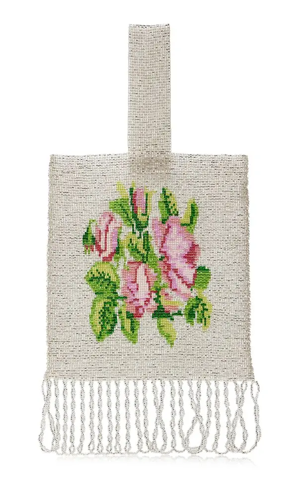 PURA UTZ Exclusive Floral Fringed Beaded Pouch - Silver