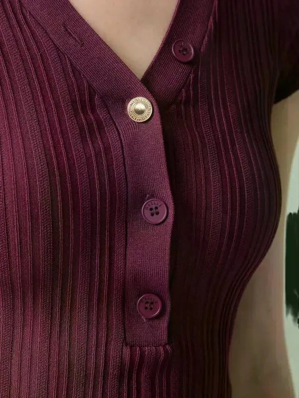 GAELLE PARIS Ribbed-knit Button-up T-shirt - Red