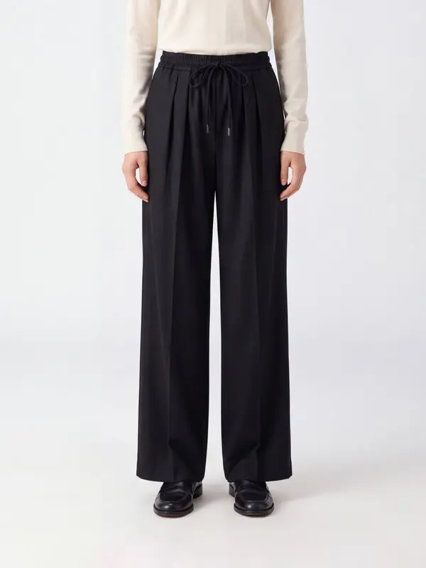 Max Mara High-waisted Virgin Wool Palazzo Trousers With Drawstring - Gray