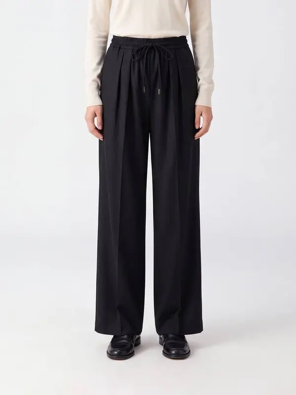 Max Mara High-waisted Virgin Wool Palazzo Trousers With Drawstring - Gray