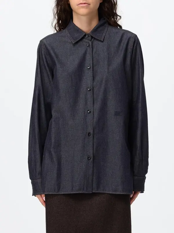 Max Mara Cotton Shirt With Classic Collar And Tone-on-tone Embroidered Logo - Blue
