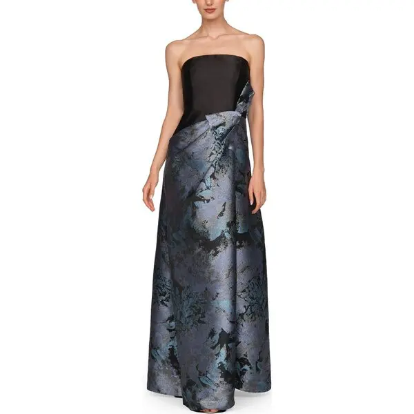 KAY UNGER Eva Strapless Jacquard Gown - Chambray Multi