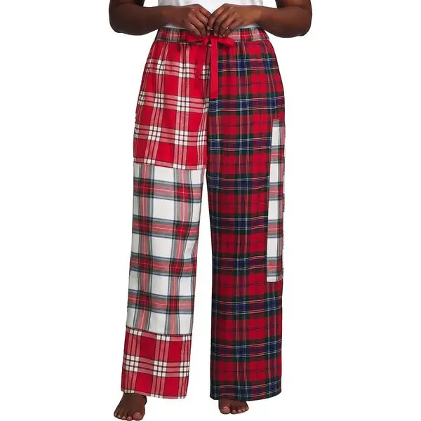 LANDS' END Flannel Patchwork Wide Leg Sleep Pants - Compass Red Plaid Patchwork