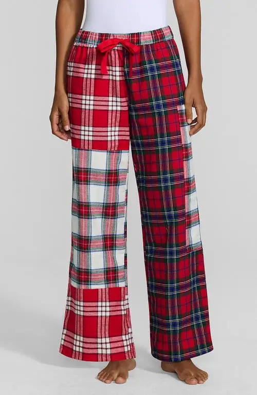 LANDS' END Flannel Patchwork Wide Leg Sleep Pants - Compass Red Plaid Patchwork