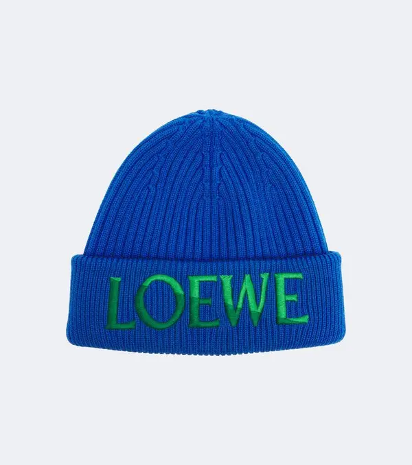 Loewe Embroidered Ribbed-knit Wool Beanie - Blue