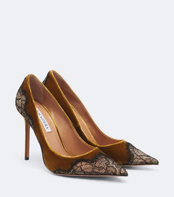 AQUAZZURA Meadow Lace-trimmed Velvet Pumps - Brown