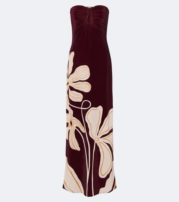CALA DE LA CRUZ Yves Floral Gathered Velvet Gown - Burgundy