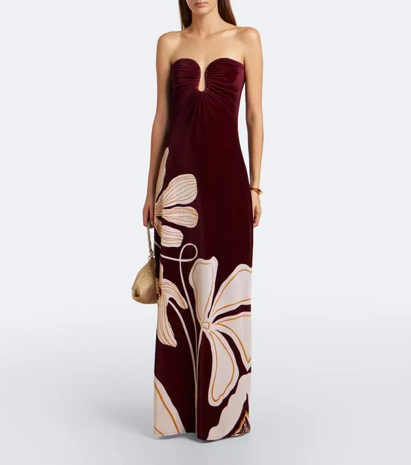 CALA DE LA CRUZ Yves Floral Gathered Velvet Gown