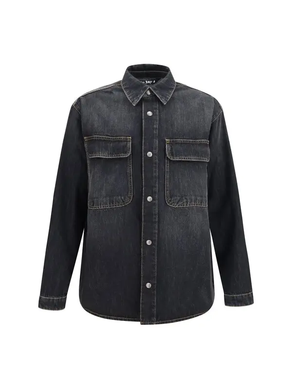 Palm Angels Denim Shirt With Back Logo - Blue
