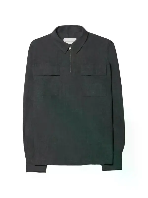 AMI Paris Quarter-zip Chest-pocket Polo Shirt - Grey