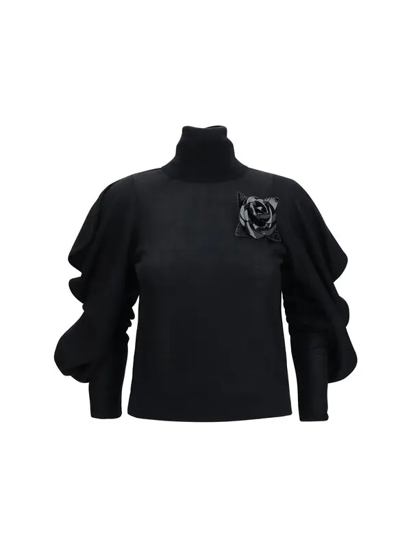 Blumarine High-neck Sweater With Flower Brooch - Black