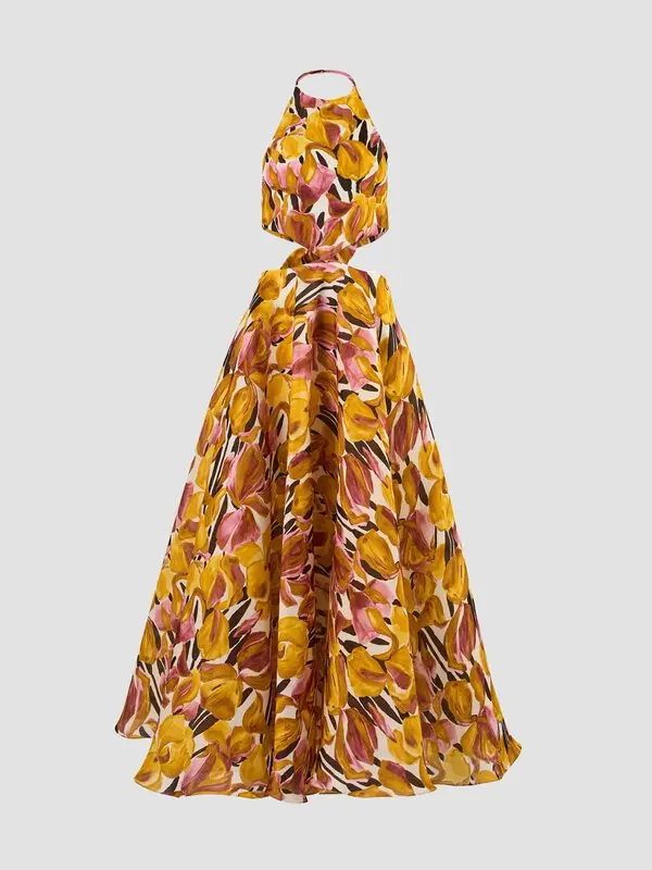 Carolina Herrera Floral Cut-out Halterneck Floor-length Dress - Melon Multi